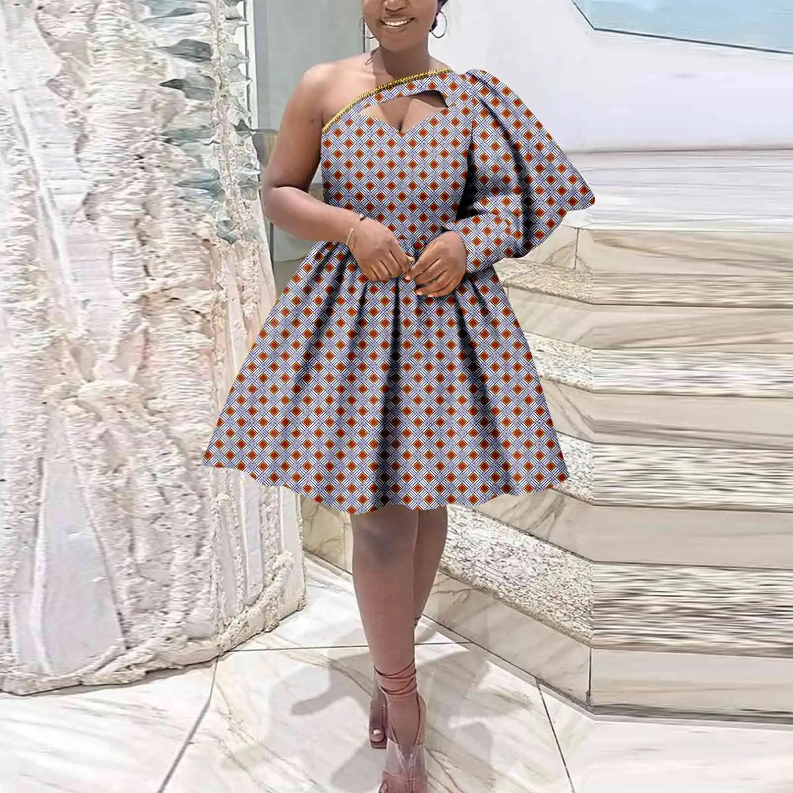 Afripride-African-Women-s-Dresses-Ankara-Batik-Knee-Length-One-Shoulder ...