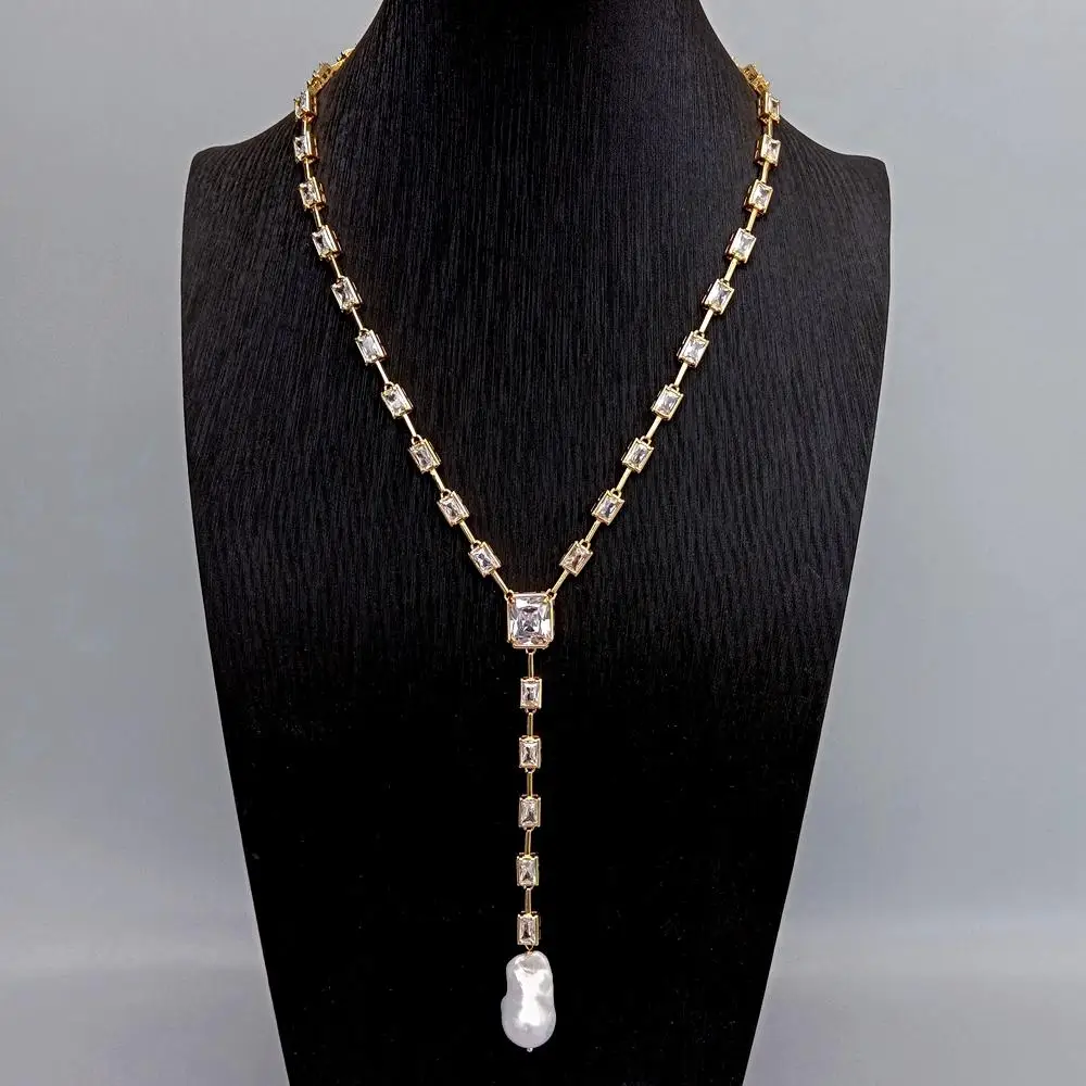 Y·YING Rectangle Cut Clear Cubic Zirconia Cultured White Keshi Pearl ...