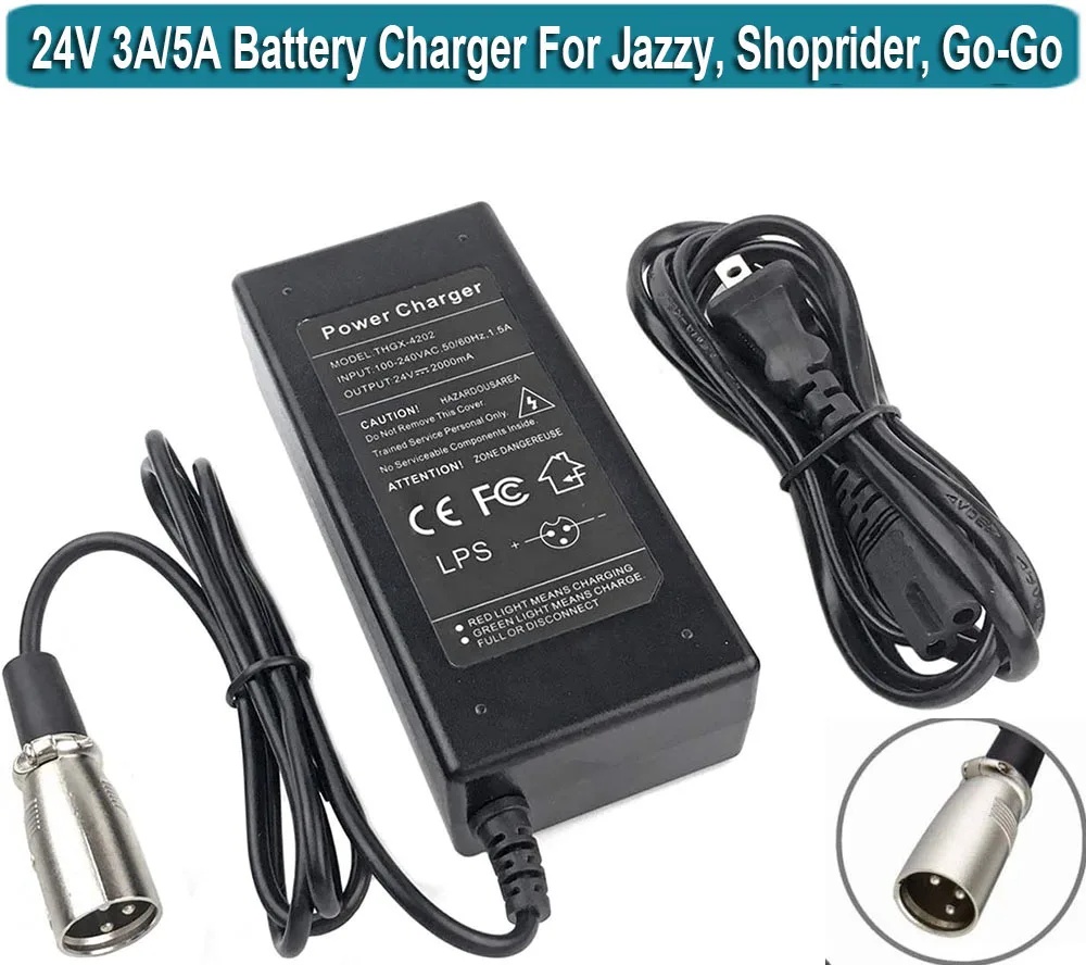24V 3A 5A XLR Lead Acid Charger For Go-Go Elite Traveller Plus Jazzy ...
