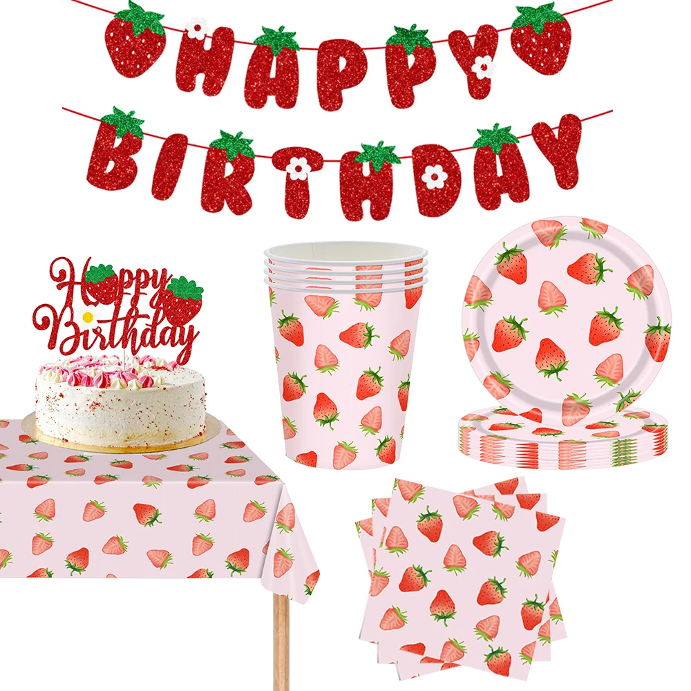 Strawberry party disposable Tableware Paper cups plates Kids girls ...