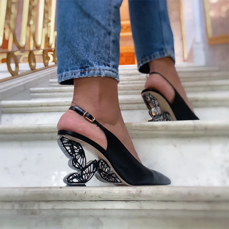 Black White Butterfly Wing Fretwork Heels Pumps Slingbacks Pointed Toe ...