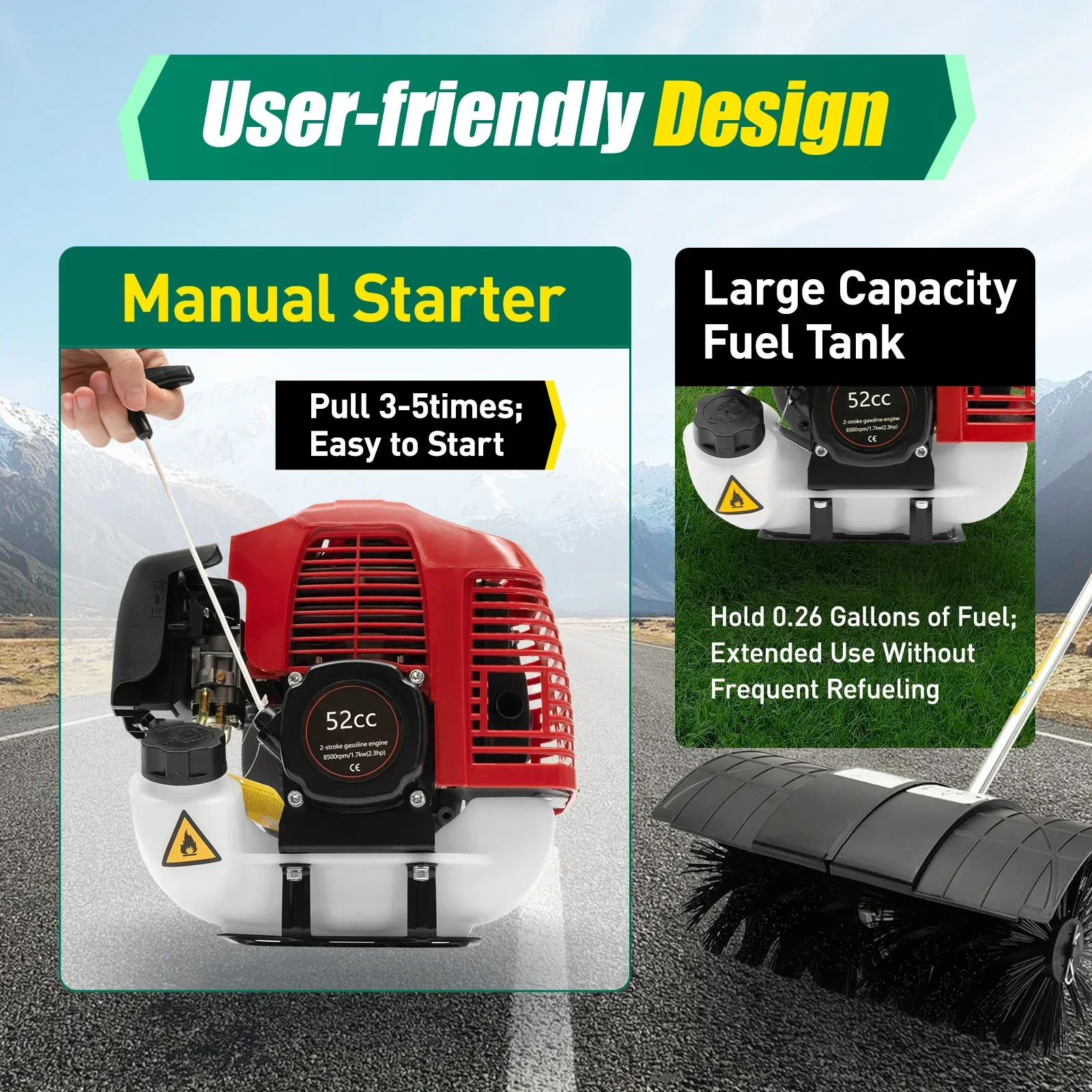 2.3HP 52cc Gas Power Handheld Sweeper Broom Driveway Turf Artificial ...