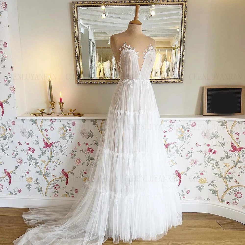 Tulle-Wedding-Dresses-For-Bride-Square-V-Neck-Applique-Bride-Gowns ...