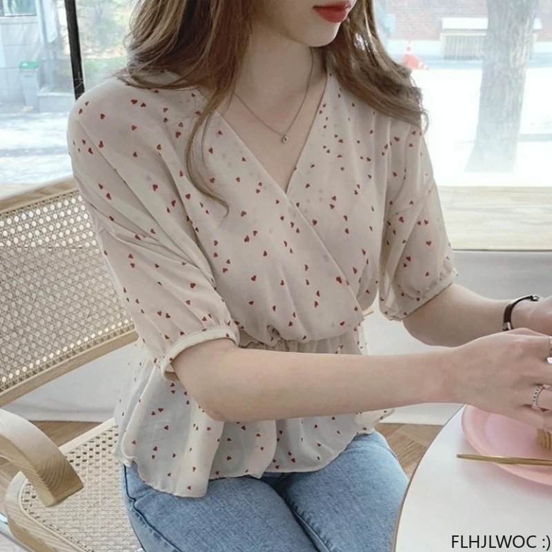 V-Neck-Peplum-Ruffled-Tops-Woman-Summer-Short-Sleeve-Cute-Sweet-Korean ...