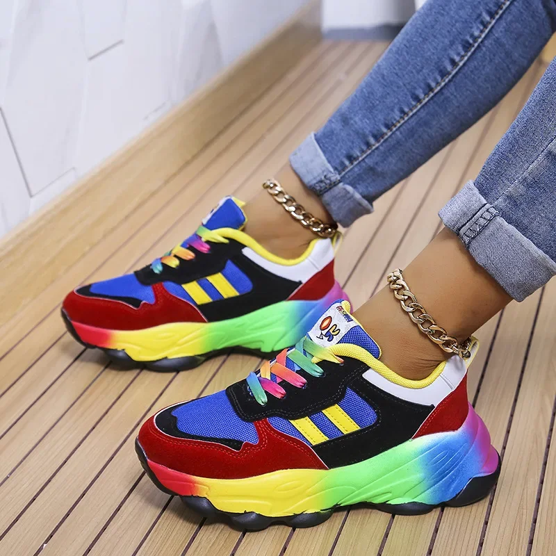 Sneakers-Women-s-Platform-Sports-Shoes-Rainbow-Lace-Up-Multicolor-Real ...