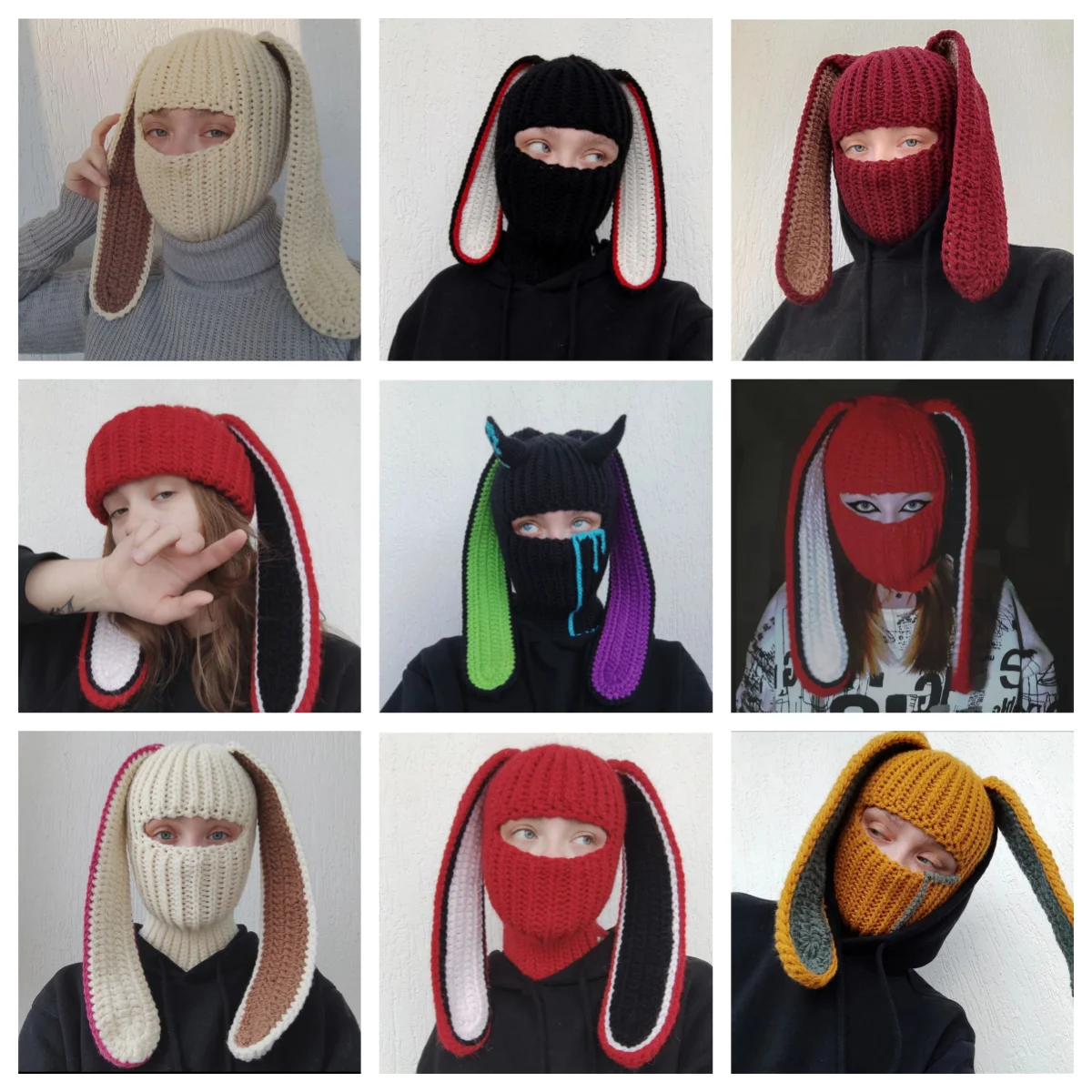 Halloween-Knitted-Balaclava-Long-Bunny-Ears-Hat-For-Women-Winter-Warm ...