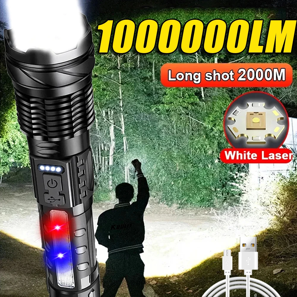 100000LM Powerful LED Flashlight Rechargeable Zoom Tactical Torch 2000M ...