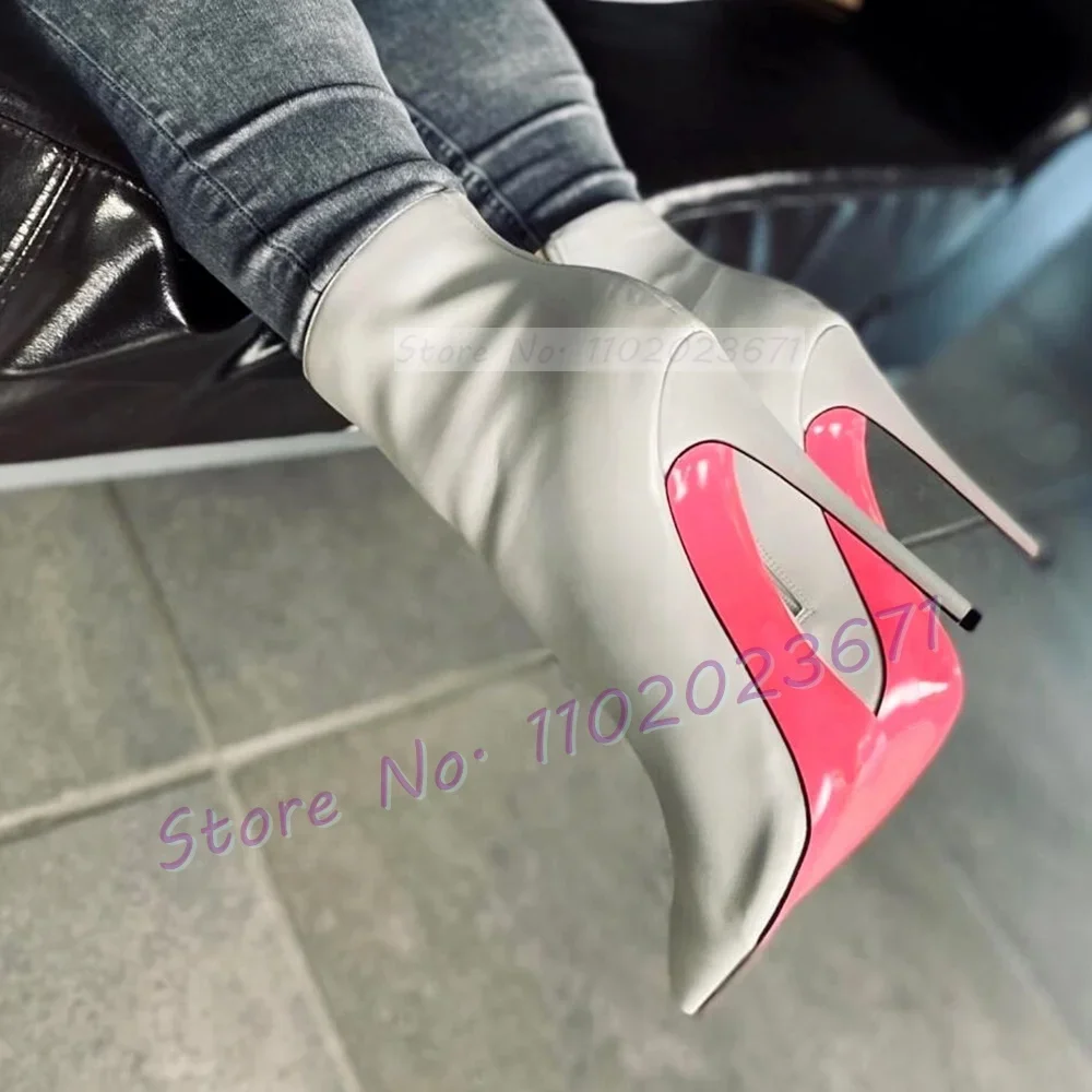 Pink Sole White Ankle Boots Women Pointed Toe Stylish Patent Leather ...