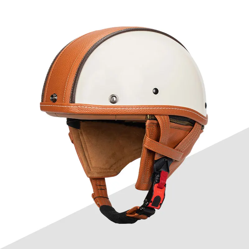 Retro Motorcycle Leather Helmet Style Pilot Motorbike Half Face Half ...