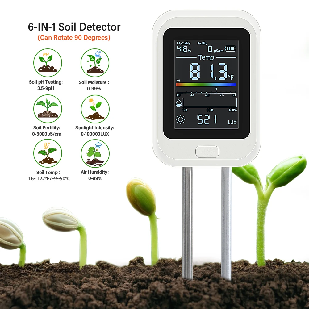 Soil Tester 6 in 1 pH Moisture Meter for Plants Garden Fertility ...