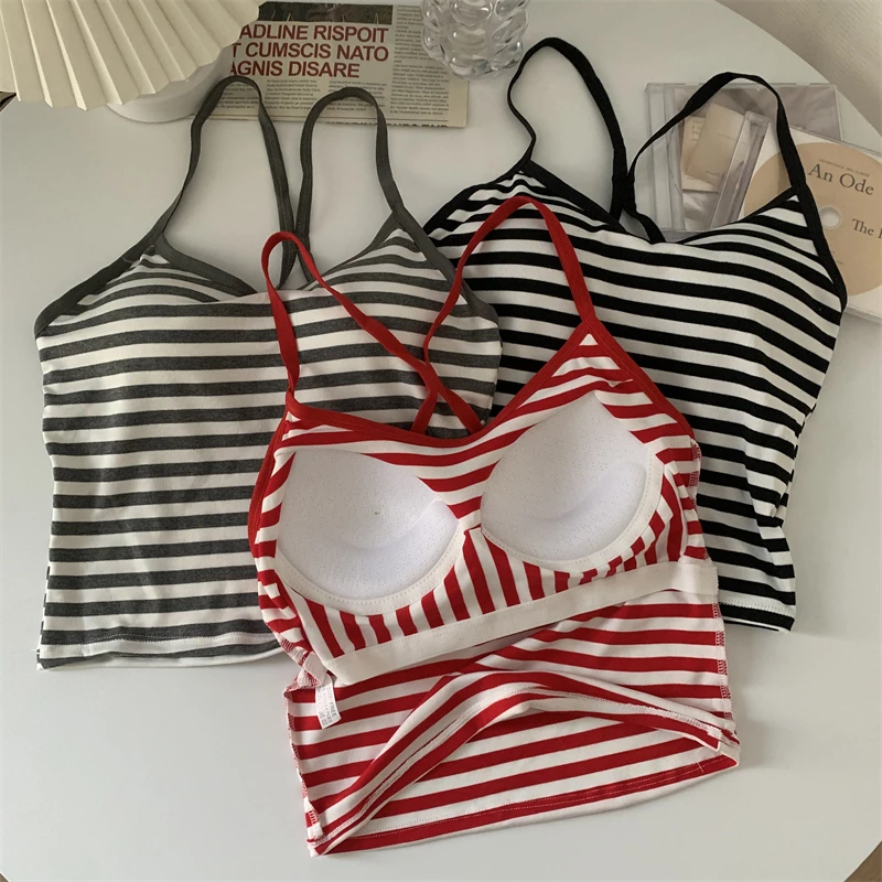 Korea Style Colorblock Striped Camisole Female Summer Cross Strap Built ...