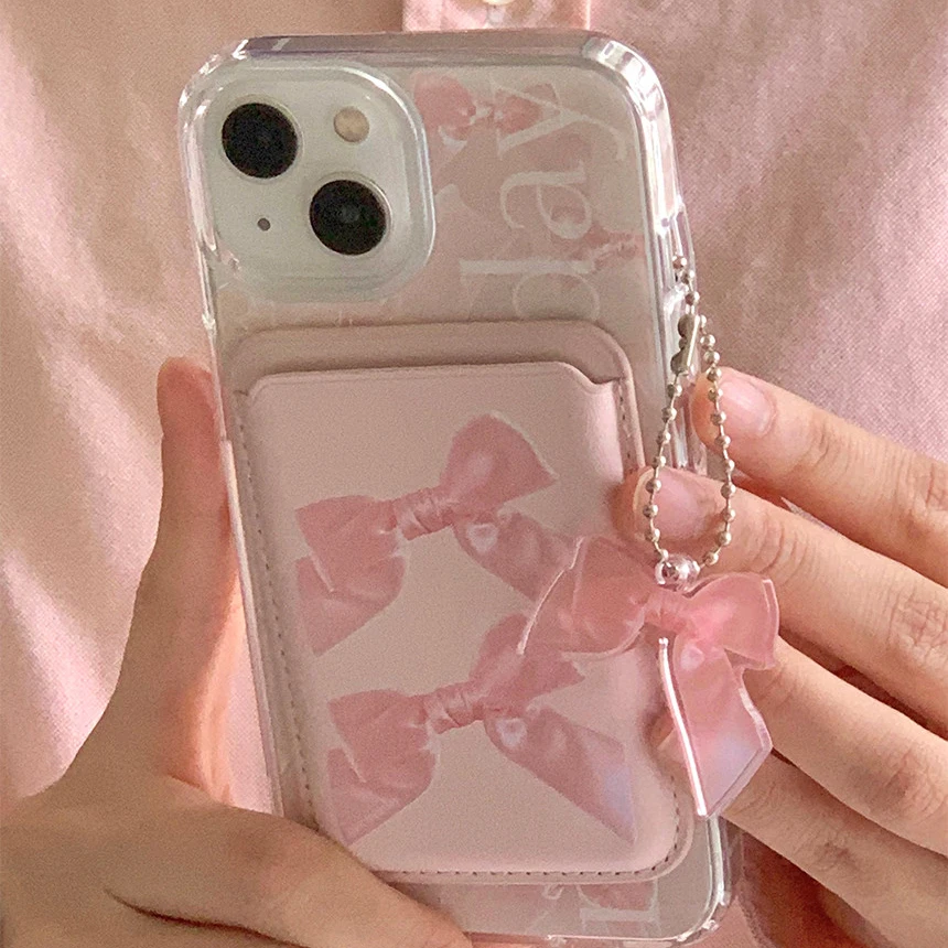 Korean Cute Ribbon Bow Wallet For Magsafe Wireless Charge Clear Phone ...