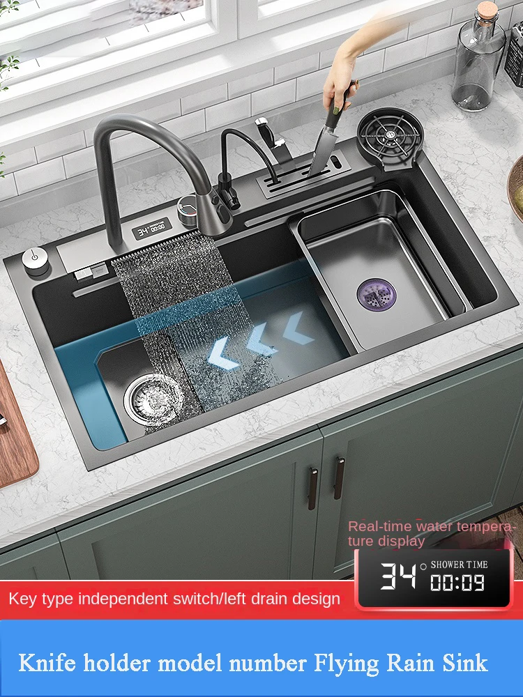 304-Stainless-Steel-Kitchen-Waterfall-Sink-Digital-Display-Large-Single ...