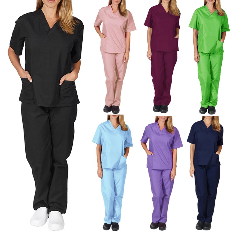 New-Scrubs-Set-Medical-Uniforms-Stretch-Scrub-Tops-With-Pocket-Pants ...