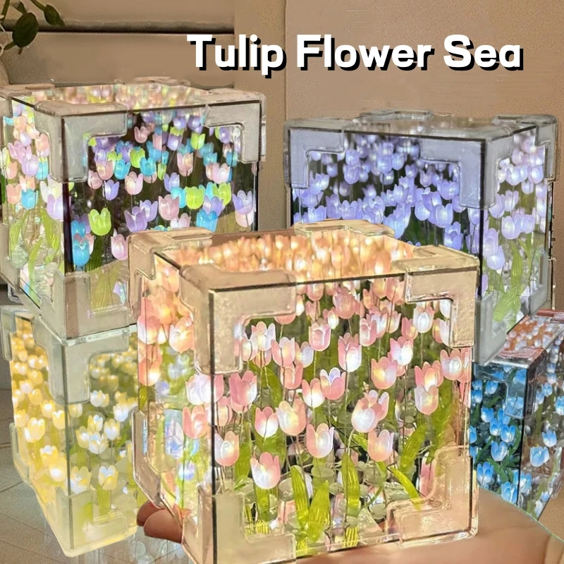 DIY-Tulip-Mirror-Cube-Lamp-Simulation-Flower-Bedroom-Sleeping-Table-Lamp-Handmade-Craft-Tulips ...