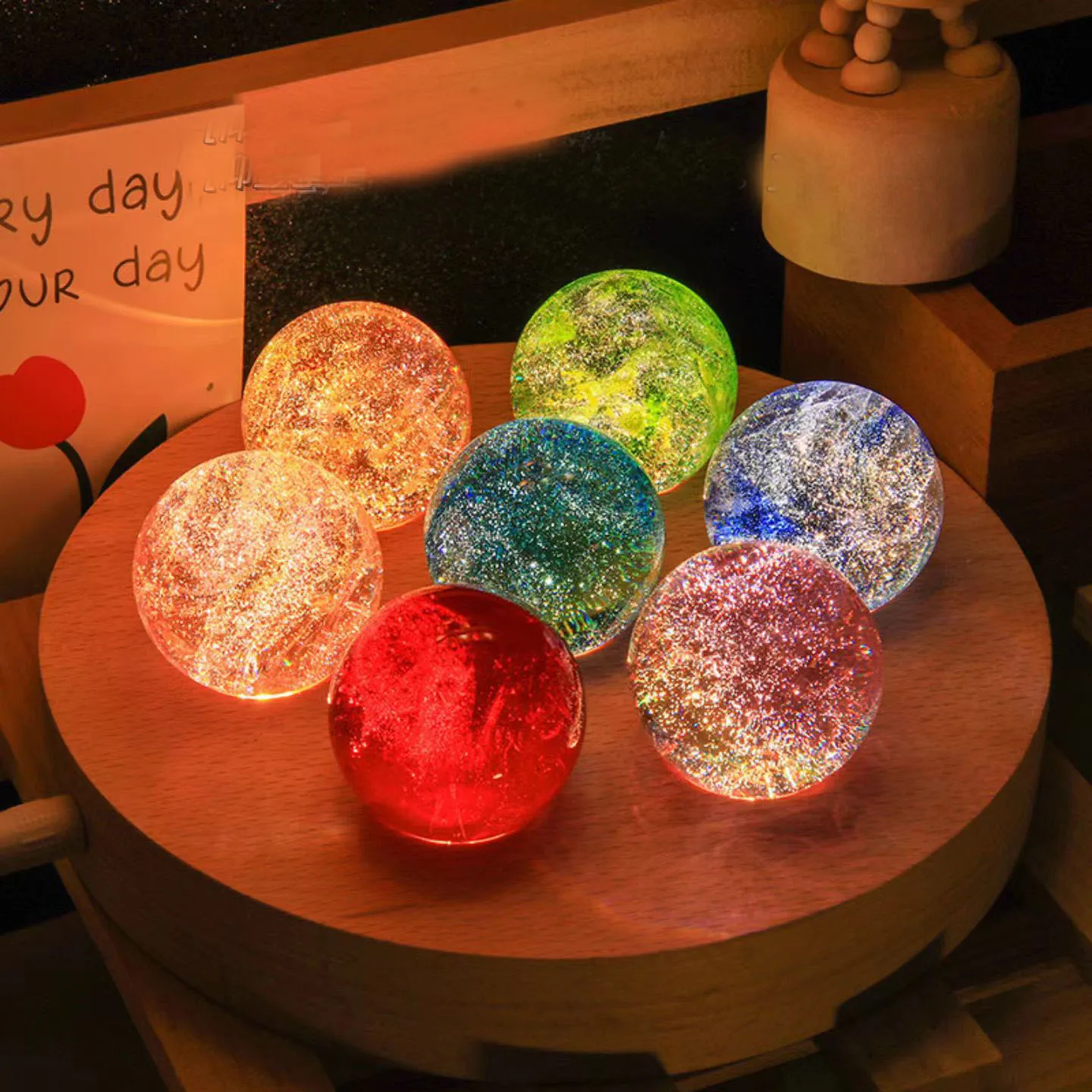 7pcs-Starry-Crystal-Ball-with-Wooden-Base-Glowing-Sphere-Glass-Ball ...