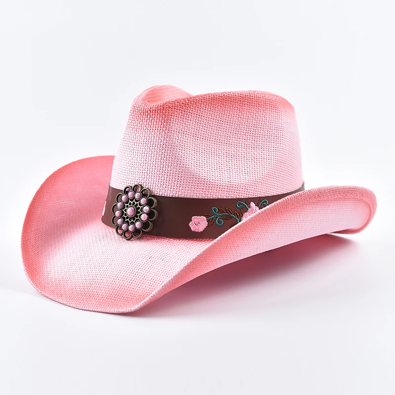 Western Style Straw Hats for Women Summer Beach Sun Hat Curled Edge ...