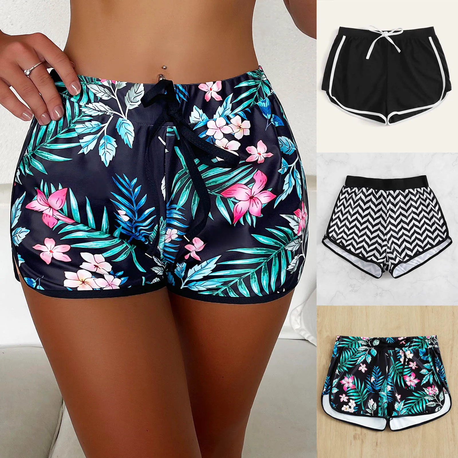 Women Summer Sports Shorts Floral Beach Boardshorts Female Laceup Swim ...