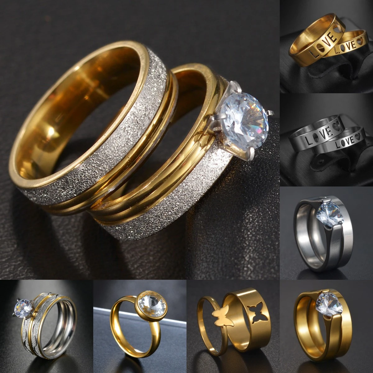 Stainless Steel Zirconia Rings Set | Couples Rings Set Stainless Steel ...