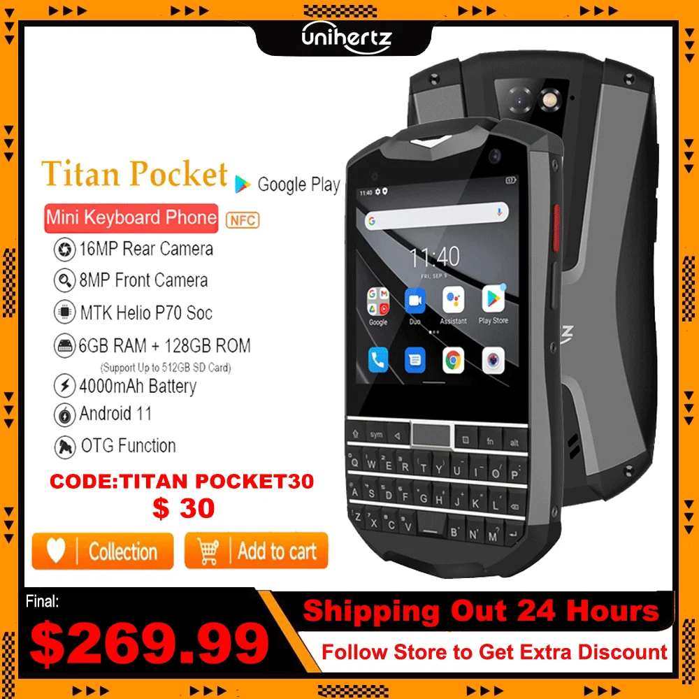 Unihertz Titan Pocket QWERTY Keyboard Portable Smartphone 4G Android 11 6GB 128GB Octa Core Dual ...