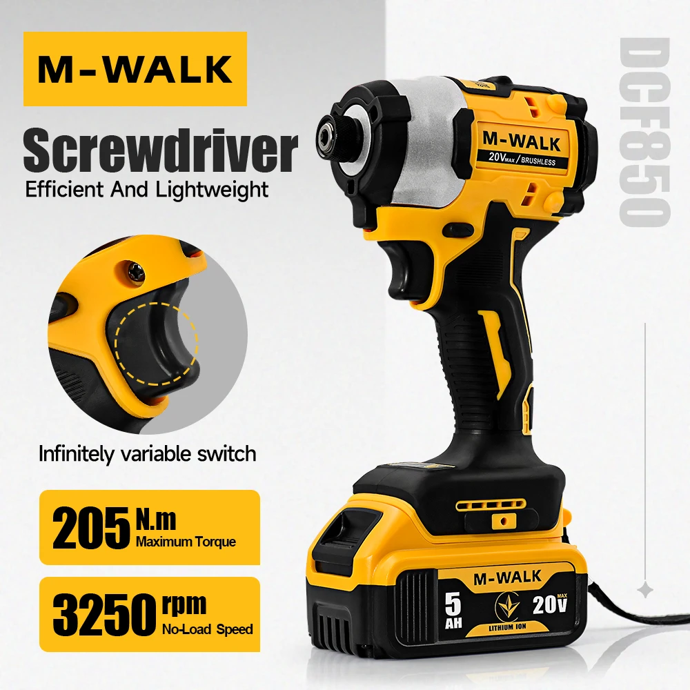 M-WALK DCF850 Electric Impact Driver 3250RPM Brushless Cordless ...