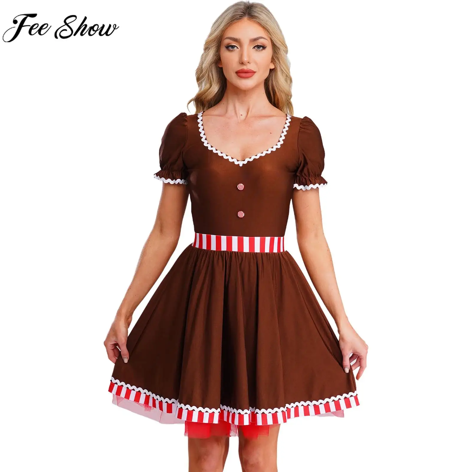Women Christmas Gingerbread Man Dress Short Sleeve Mesh Tutu Ball Gown ...