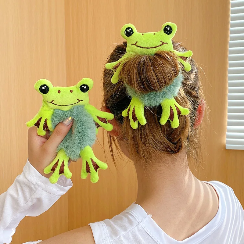 Cute-Winter-Plush-Cartoon-Frog-Bear-Scrunchie-Women-Girls-Kids-Elastic ...