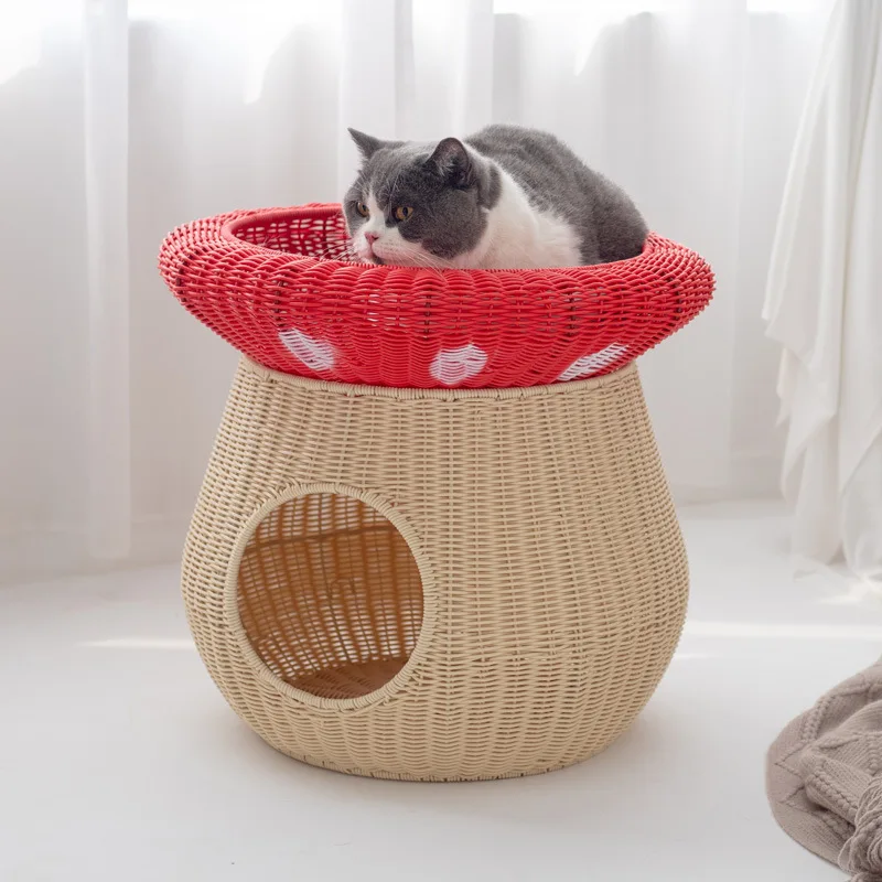 Red Mushroom Pet Bed Imitation Woven Rattan Cat House All-Season Cozy ...