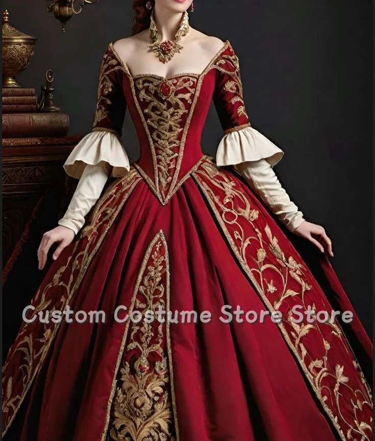 Medieval Victorian Vintage Prom dresses Wine Red Gold Lace Embroidery ...