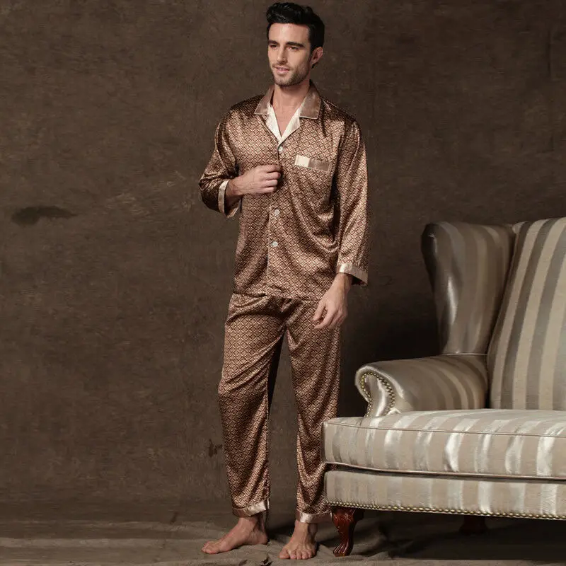 Men's Satin Pajama Home Clothes Suit Autumn Long Sleeve Button-Down ...