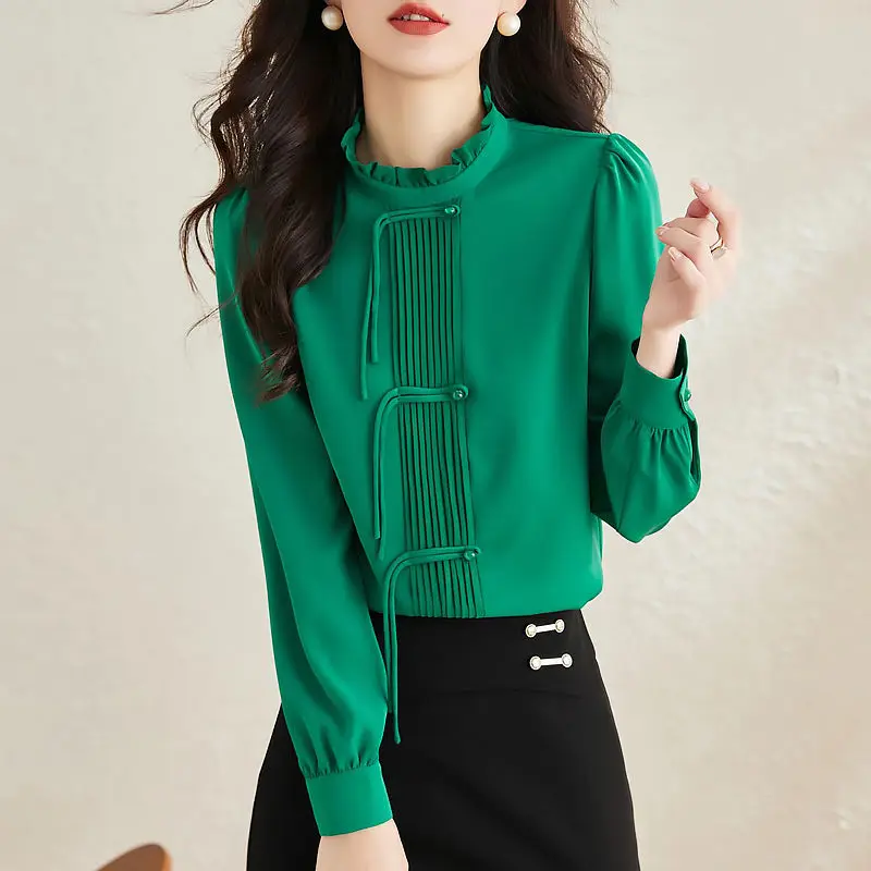 Elegante gola all match dobras blusa roupas femininas 2022 outono novo ...