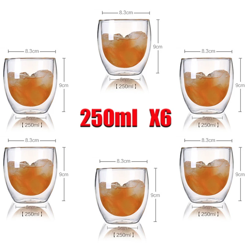 2 6pcs 이중 벽 높은 붕 규산염 유리 머그잔 내열성 차 우유 주스 커피 워터 컵 바 Drinkware 선물 창의력 세트