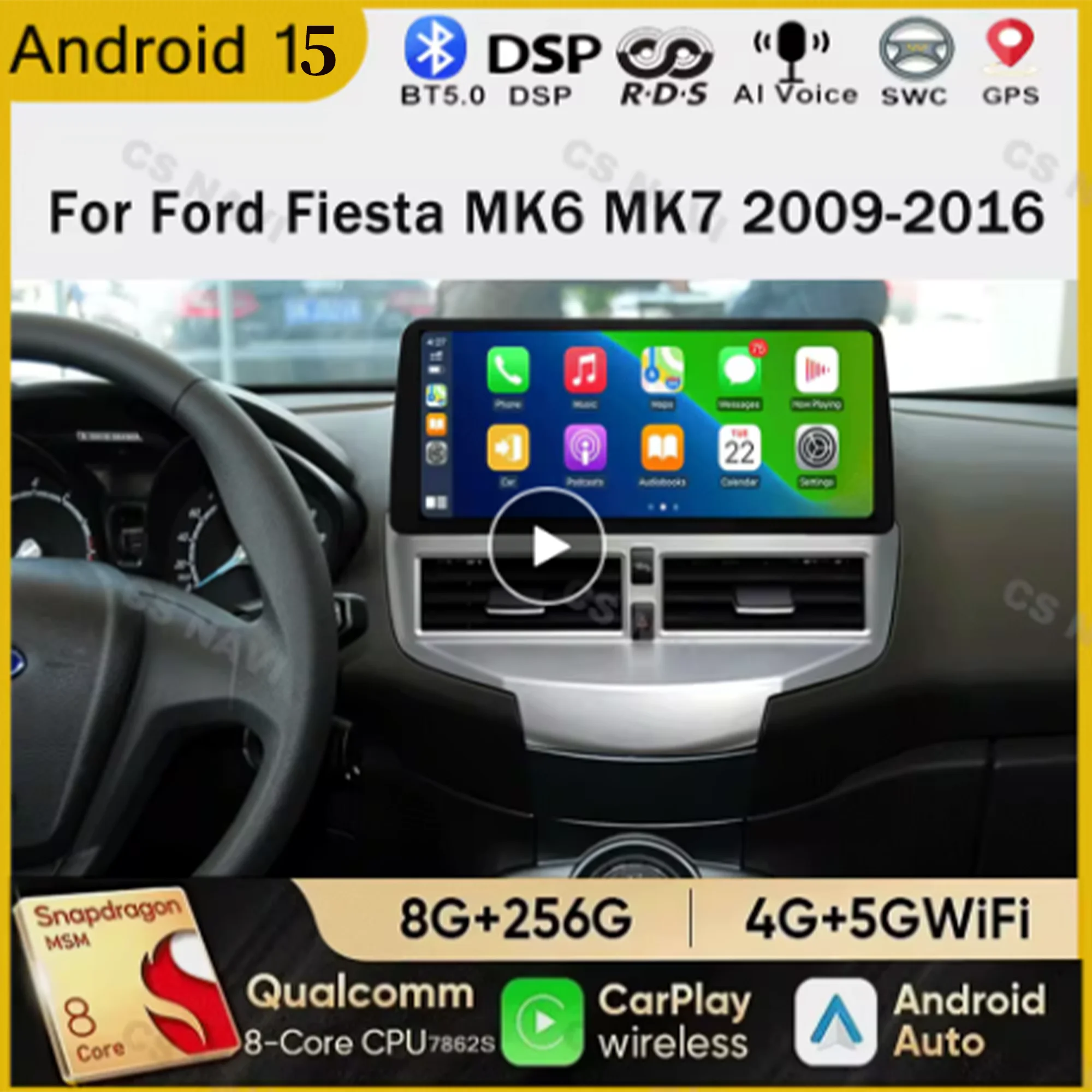 12.3Inch Android 15 For Ford Fiesta MK6 MK7 2009-2016 Multimedia Video ...