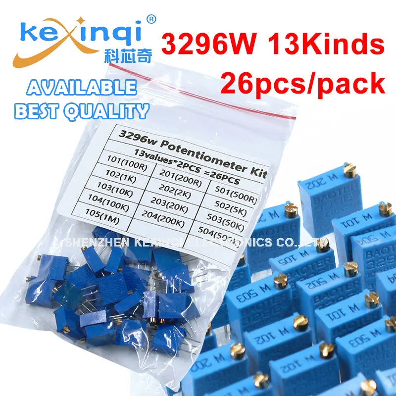 26pcs/set 3296W Potentiometer kit 100R 200R 500R 1K 2K 5K 10K 20K 50K ...