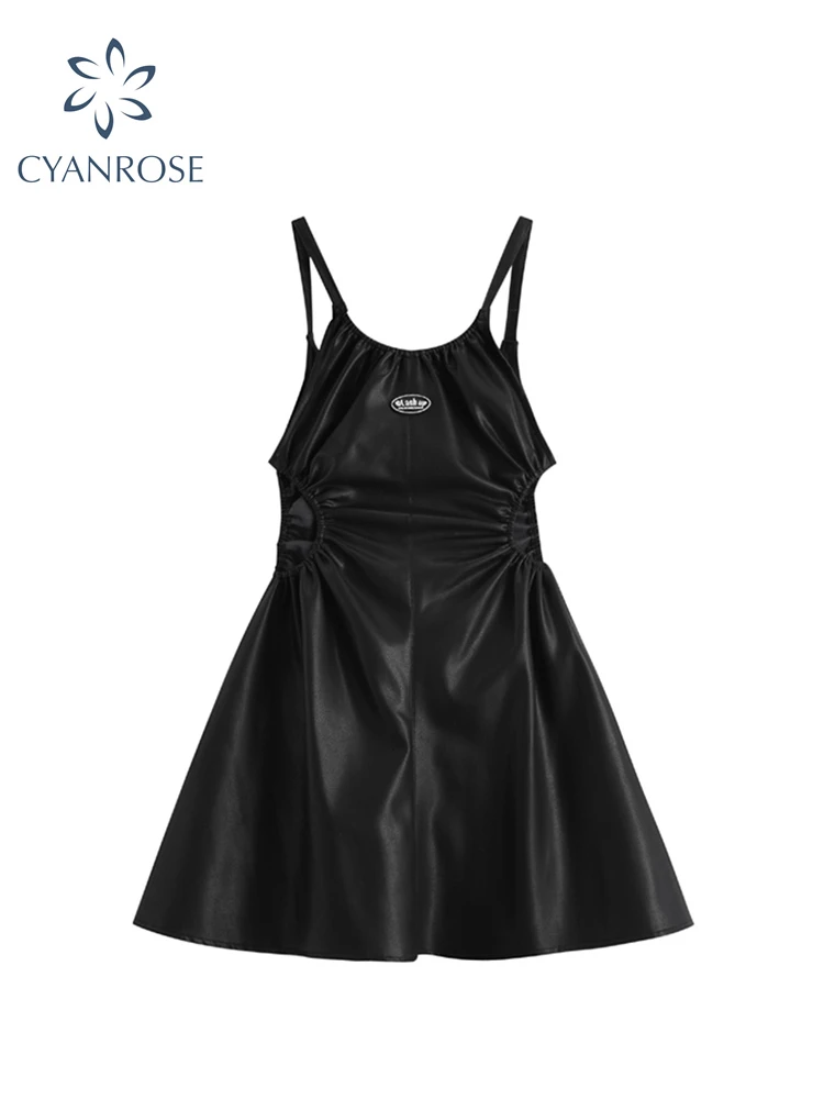 Pu Faux Leather Sexy Black Spaghetti Strap Mini Dresses Women High ...