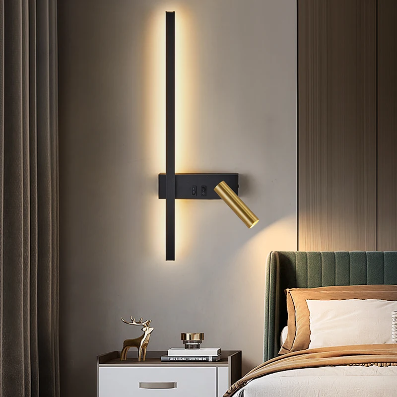 Modern-Wall-Secone-Light-With-Spotlight-Black-Gold-With-Switch-Lamps ...