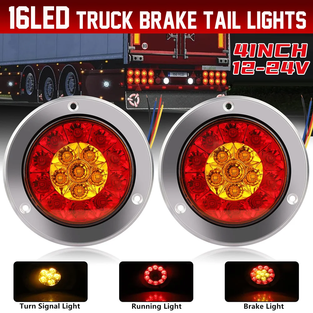 2-x-Car-Round-LED-Amber-Red-Taillights-16LED-12V-24V-Brake-Stop-Running ...
