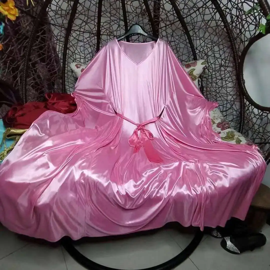 Glossy Sexy Women Satin Long Dress Long Sleeve Loose Night Dress Plus ...