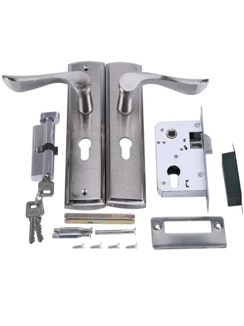 Silver Durable Door Handle Lock Cylinder Front Back Lever Latch Home ...