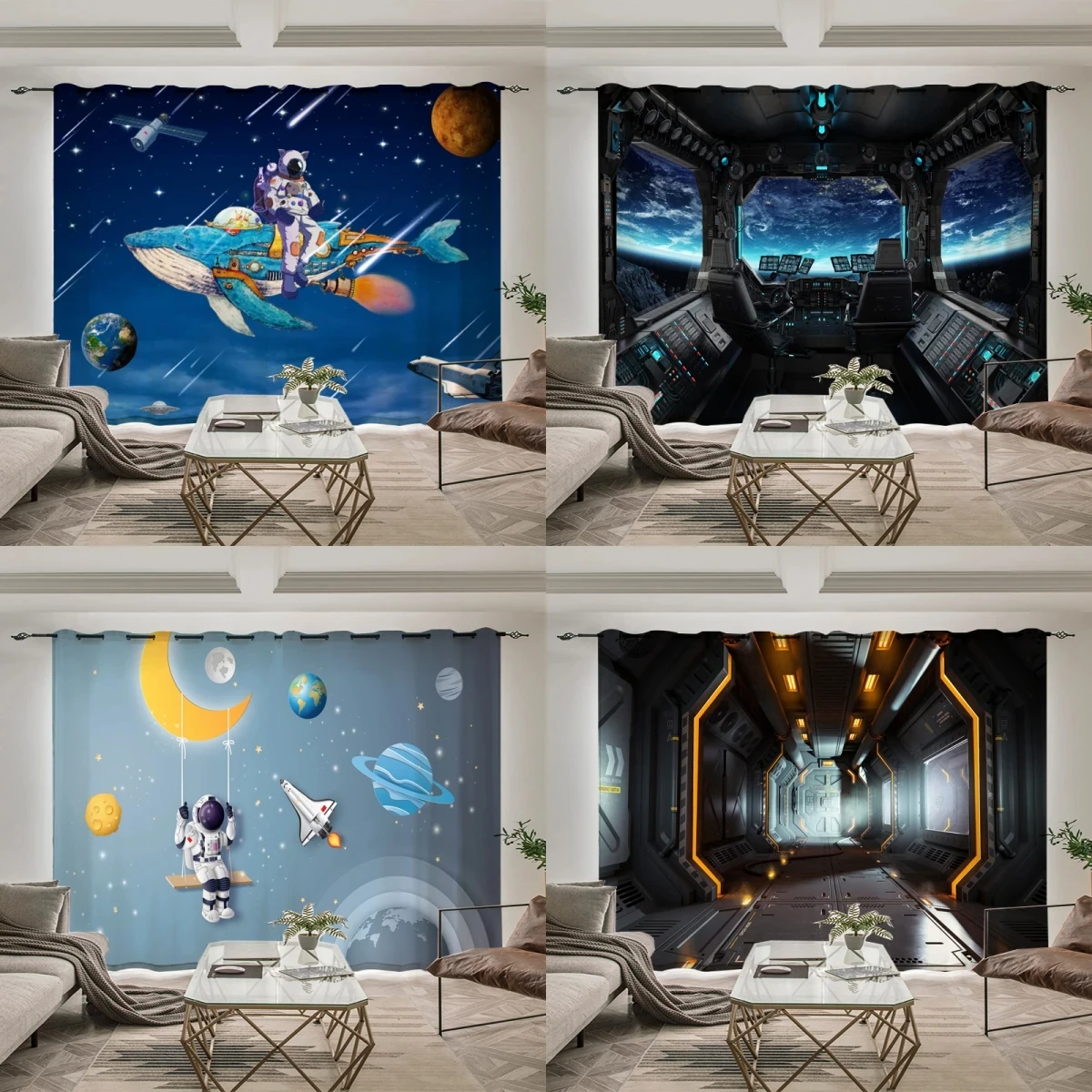 Outer-Space-Astronaut-Pattern-High-Blackout-Curtains-Whale-Planet-Sci ...