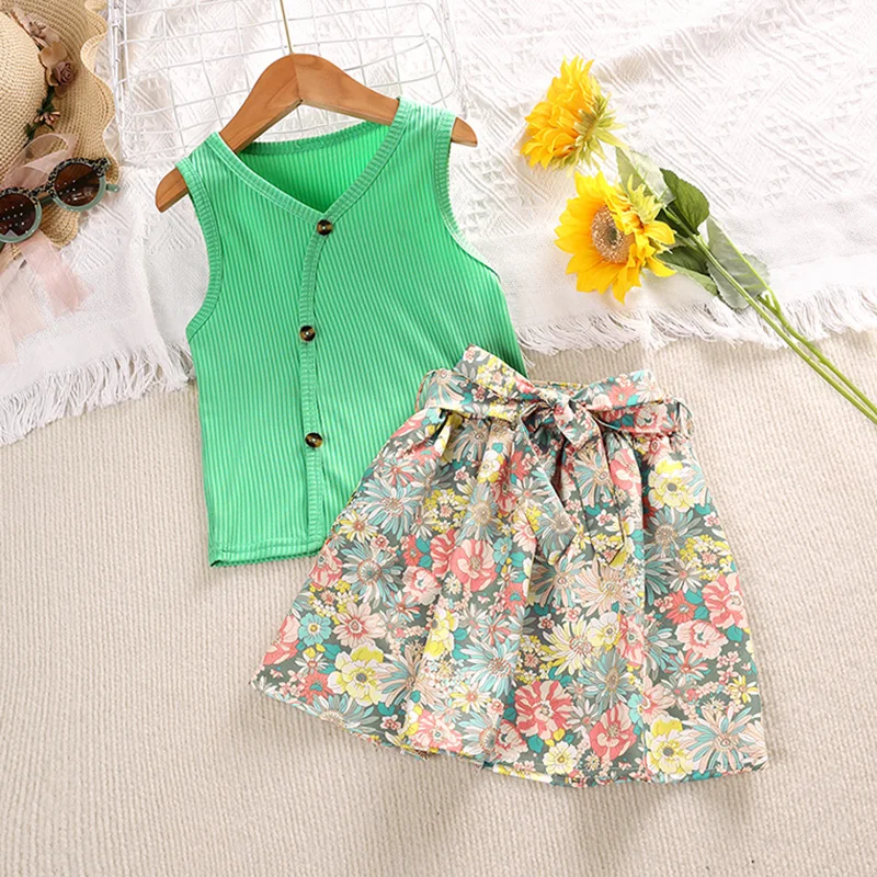 Kids-Casual-Clothing-Sets-Outfits-for-Girls-V-Neck-Vest-Printed-Pleated ...