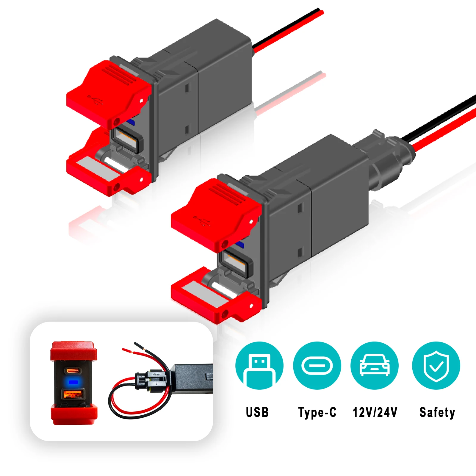 12V-Type-C-Dual-USB-Charger-Blue-Led-Rocker-Switch-Voltmeter-Socket-Car ...