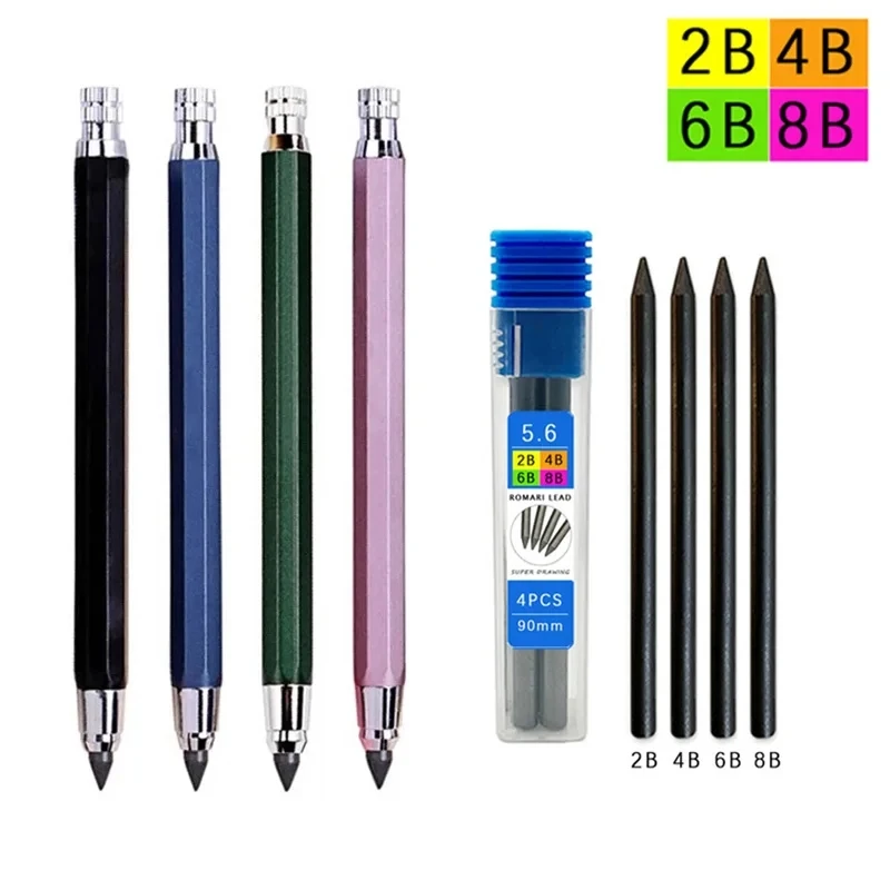 5-6mm-Metal-Drawing-Pencil-with-2B-4B-6B-8B-Leads-Set-Professional-Art ...