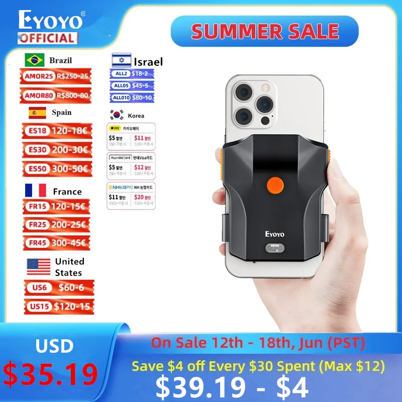 Eyoyo Barcode Scanner 2D Bluetooth Back Clamp Handheld 1D QR Scanner 2 ...