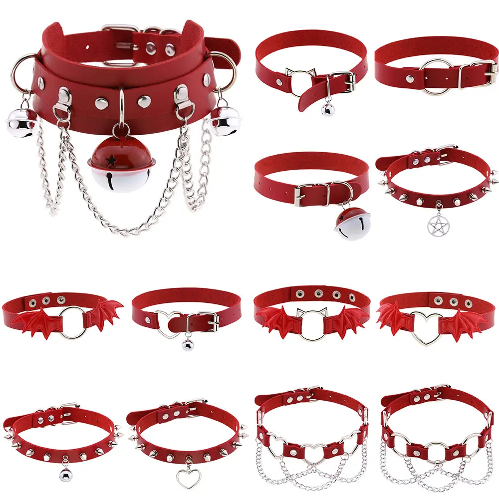 Red-Leather-Spiked-Choker-Punk-Collar-Women-Men-Bat-Heart-Chocker ...