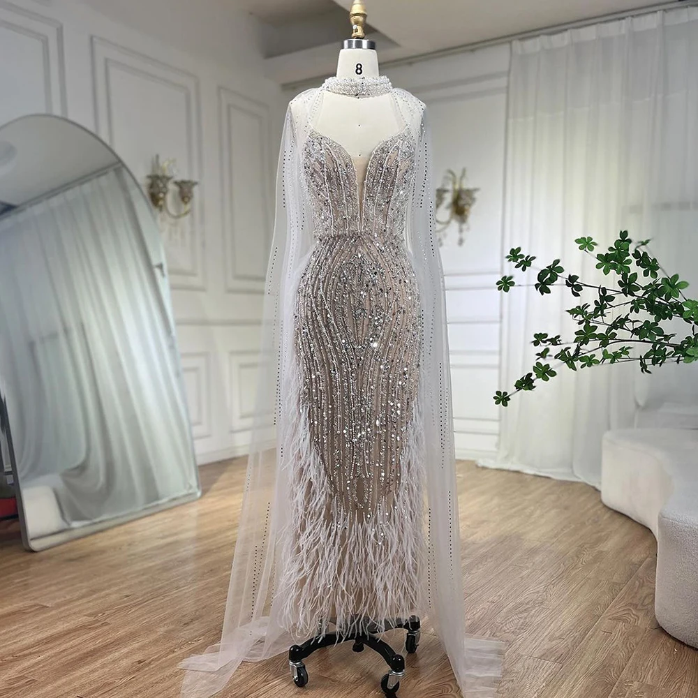 Serene-Hill-2024-White-Nude-Mermaid-Wedding-Party-Dresses-with-Beaded-Feathers-Luxury-Cape ...