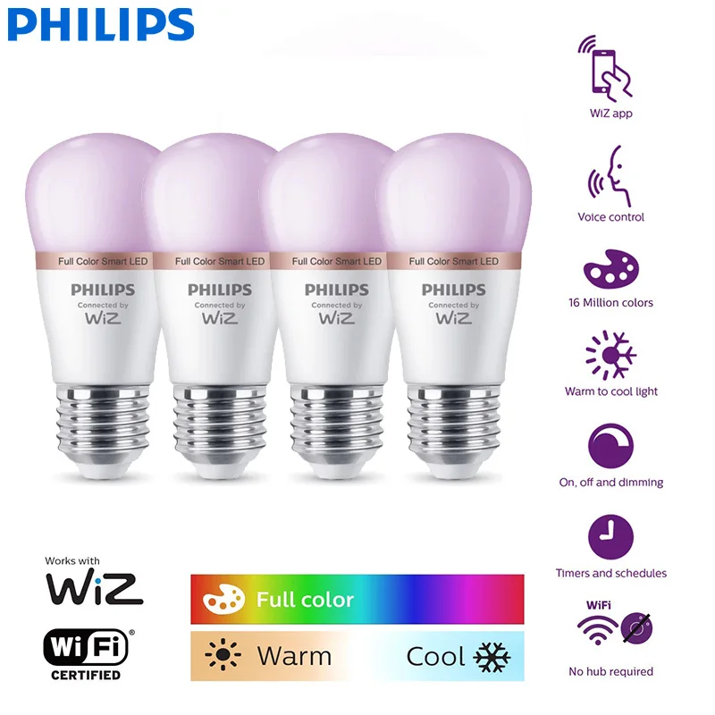 Philips 4PCS LED Smart Mini Ball E27 Bulbs WiZ 4.9W P45 Wi-Fi ...