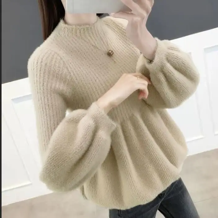 Women-s-Autumn-Winter-Round-Neck-Pullover-Solid-Screw-Thread-Flocked ...