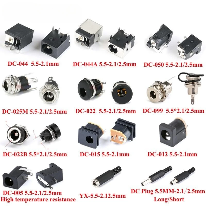 DC 전원 잭 소켓 DC-044, 수 암 커넥터, DC-050 나사 너트 패널 마운트, 납땜 방수, 5.5x2.1mm, 5.5x2.5mm, 10 개