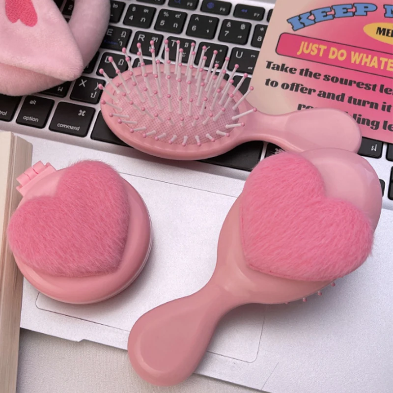 Portable-Mini-Pink-Plush-Heart-Hair-Comb-Hair-Salon-Hairdressing ...